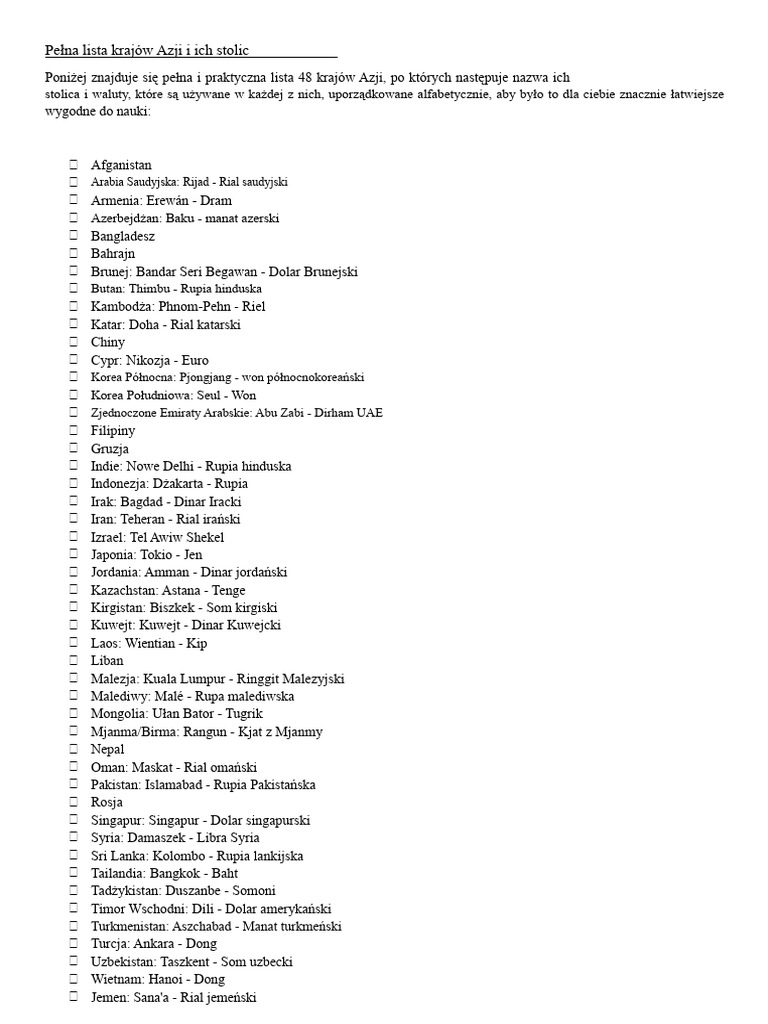 Pełna Lista Krajów Azji I Ich Stolic | PDF
