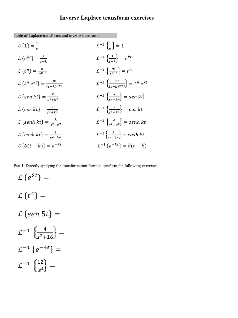 Inverse Laplace Transform Exercises | PDF