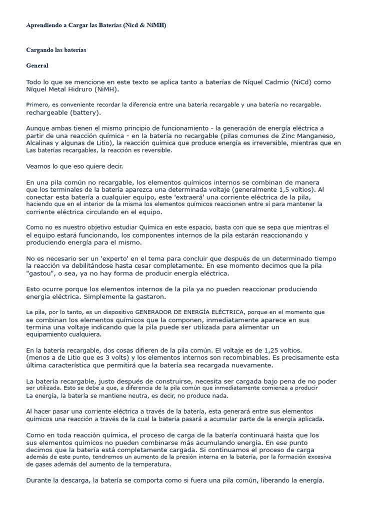 Aprendiendo A Cargar Las Baterías (NiCd y NiMH) | PDF | Cargador de batería | Batería recargable