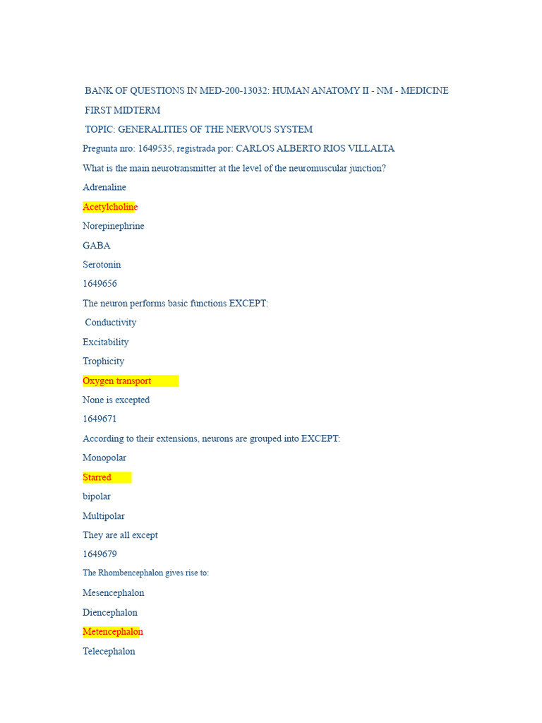 Anatomy Question Bank 2 Updated Response | PDF | Cerebellum | Spinal Cord