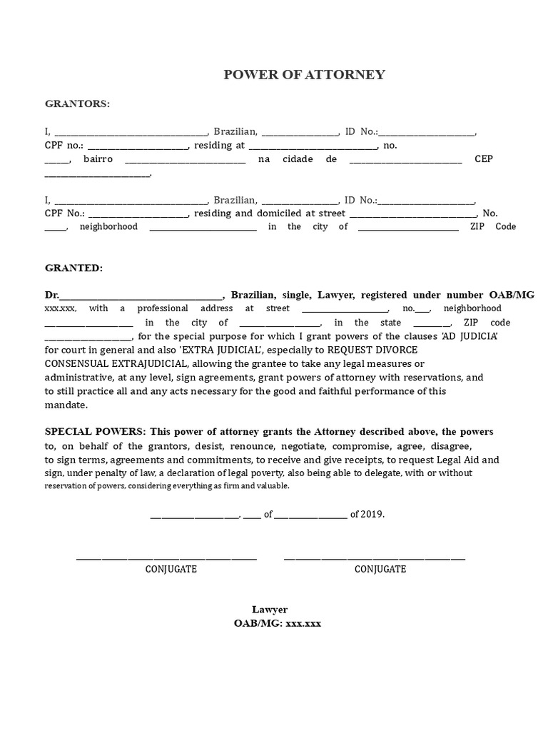Power of Attorney Model - Consensual Divorce | PDF