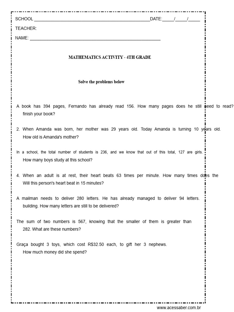 Mathematics Problems 4th Grade | PDF