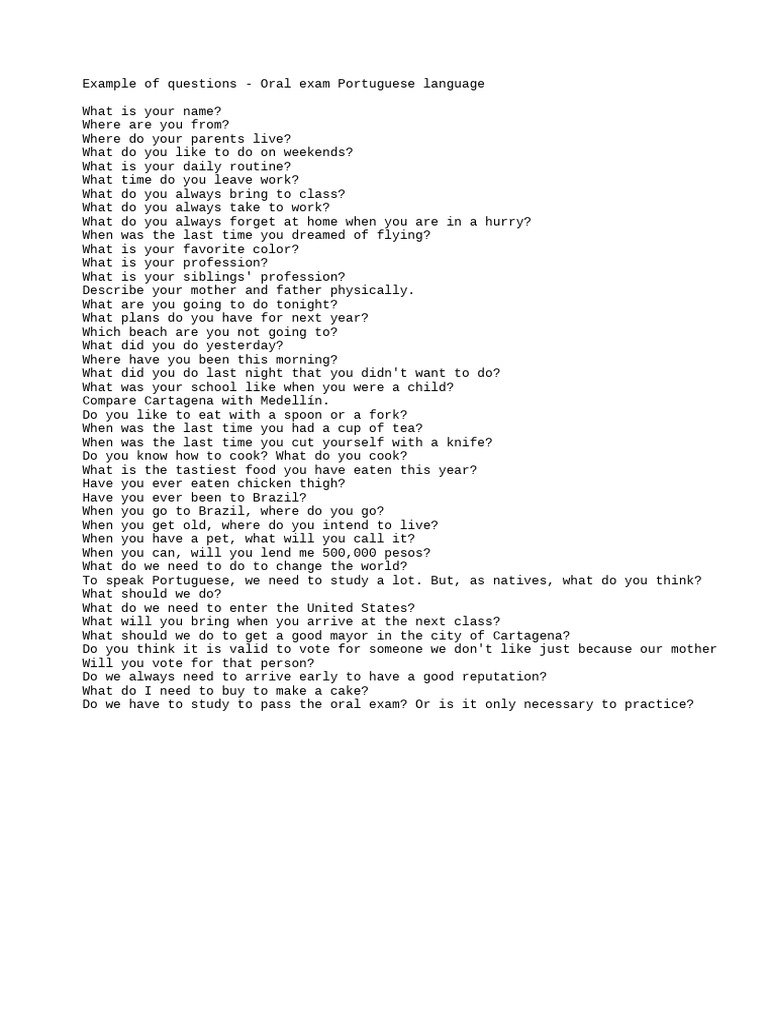 Example of Questions - Oral Exam Portuguese Language | PDF