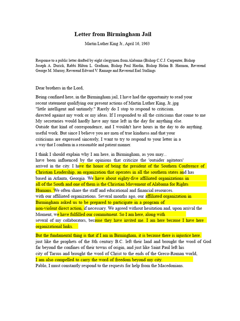 Letter From Birmingham Jail. Martin Luther King | PDF | Nonviolence | Jesus
