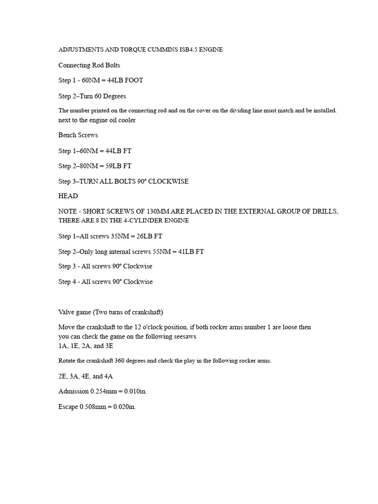 Cummins ISB4.5 Torque Specifications | PDF