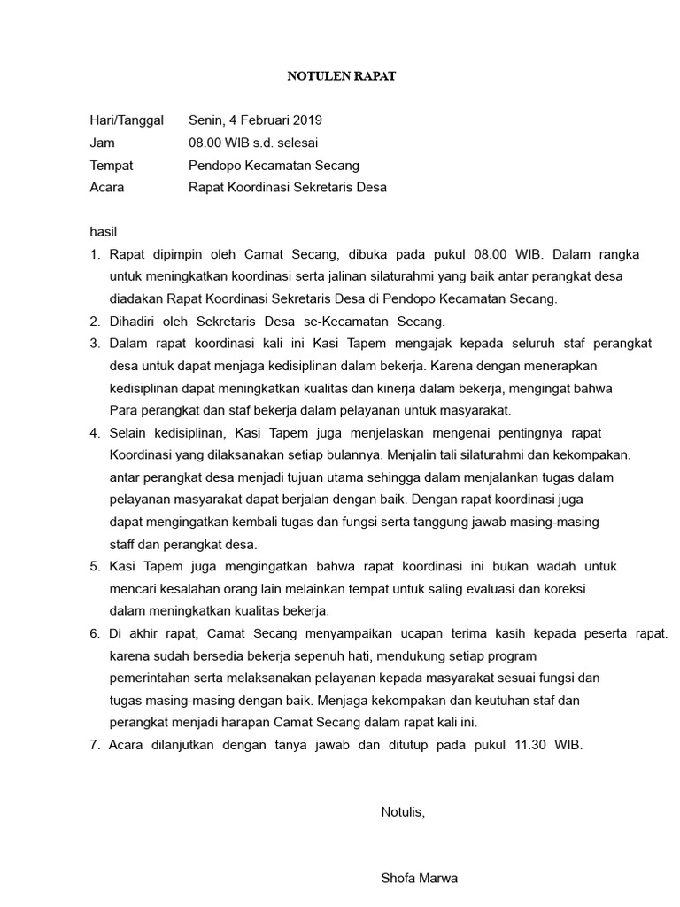 Rapat Koordinasi Sekretaris Desa Secang | PDF
