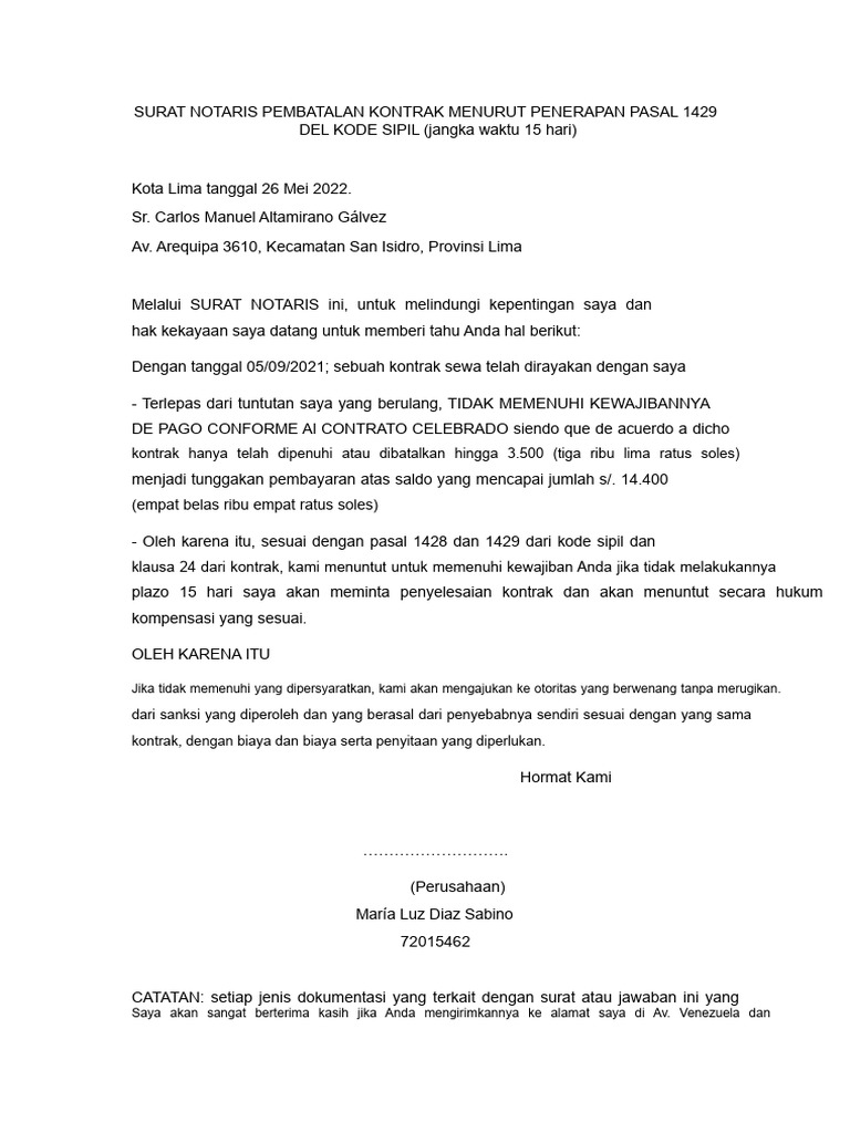 Surat Notaris Penyelesaian Kontrak Berdasarkan Penerapan Pasal 1429 ...