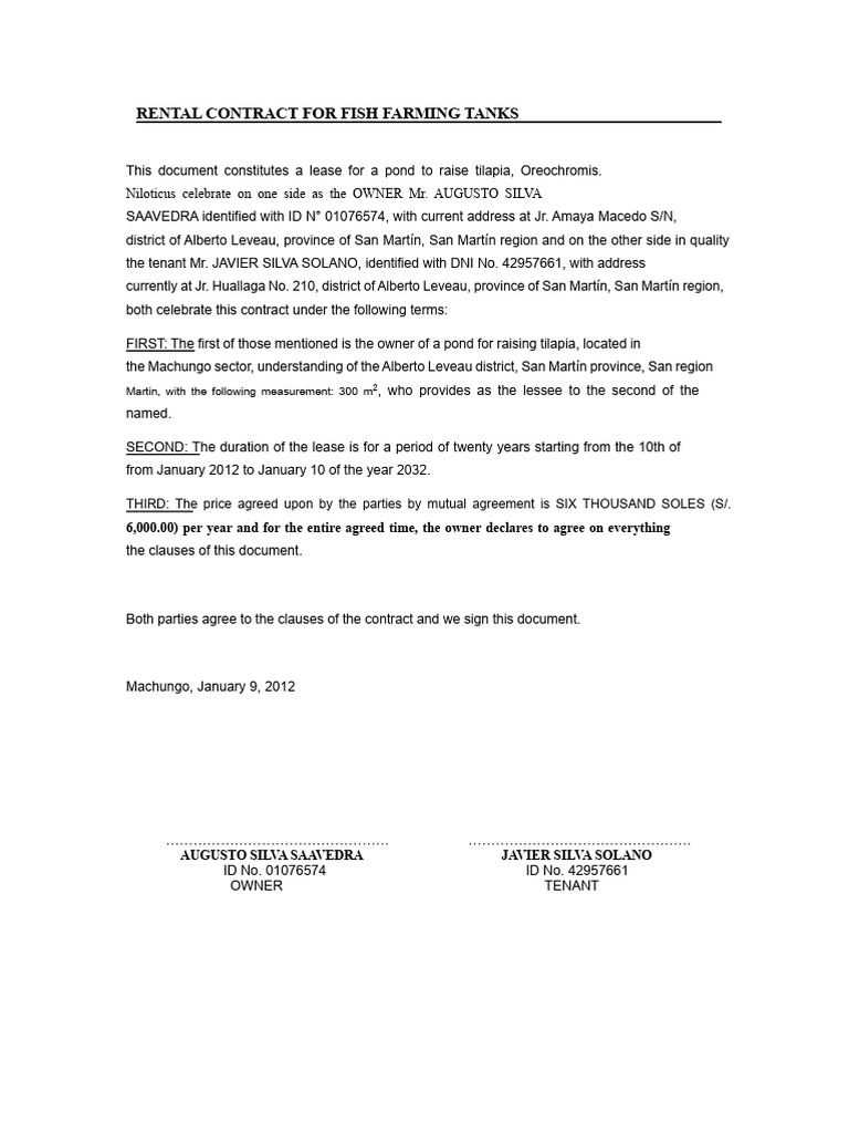 Rental Contract For Fish Farming Tanks | PDF