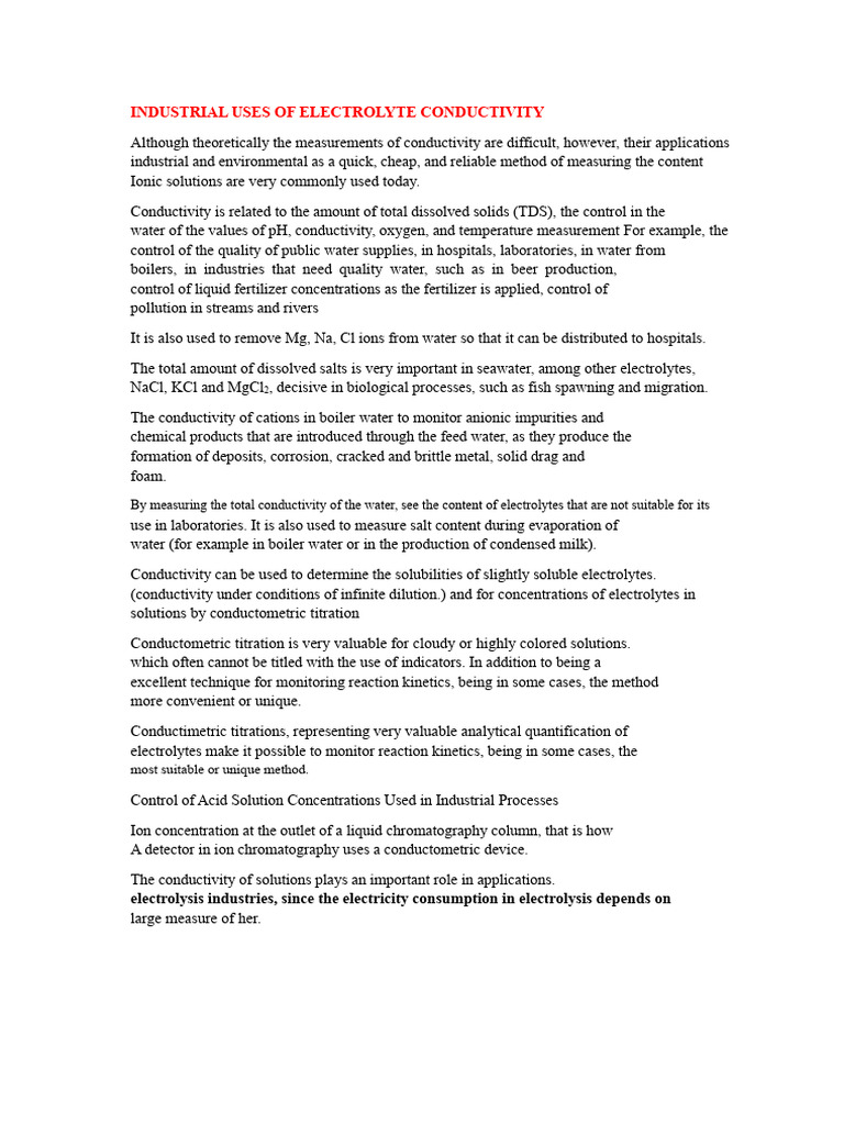 Industrial Uses of Electrolyte Conductivity | PDF | Electrolyte | Salt ...