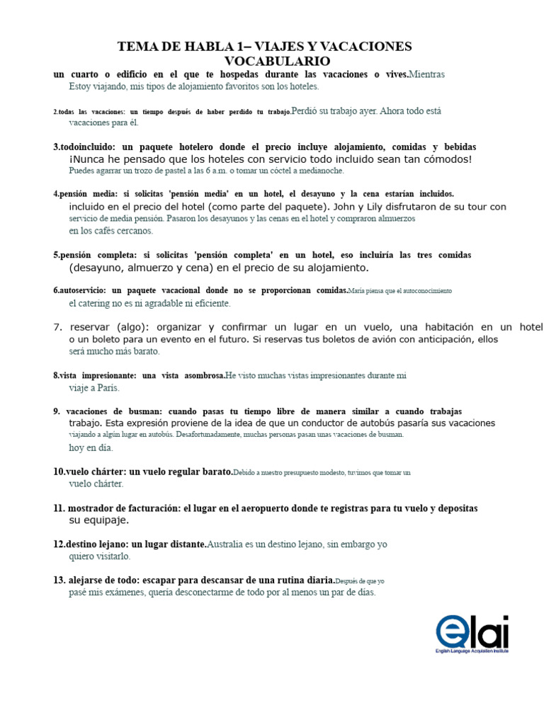 Vocabulario Esencial para Viajes y Vacaciones | PDF | Hotel | Recurso