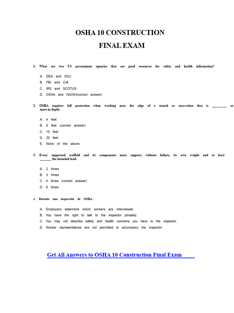 OSHA 10 Construction Final Exam Answers | PDF | Occupational Safety And ...