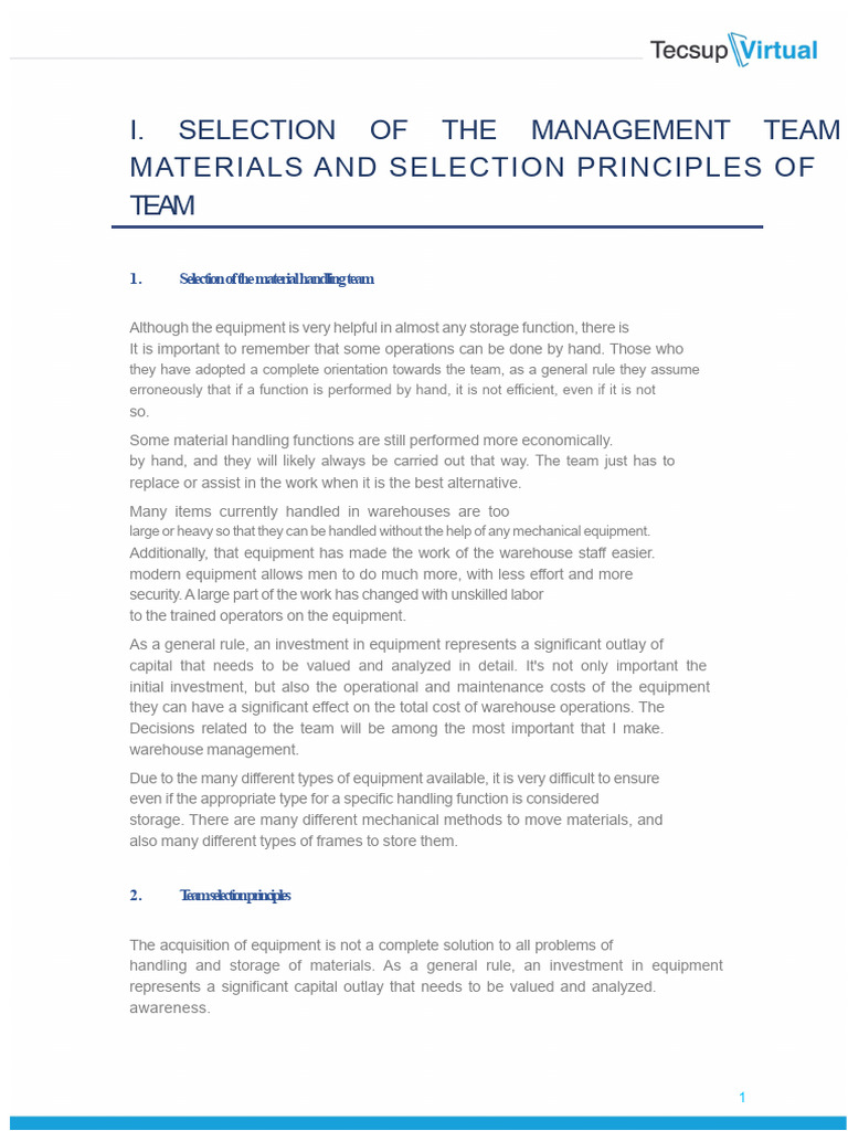 I. Selection of Material Handling Equipment and Equipment Selection ...