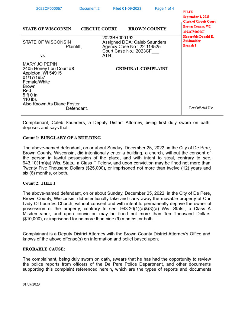State of Wisconsin vs. Mary Jo Pepin Criminal Complaint | PDF ...