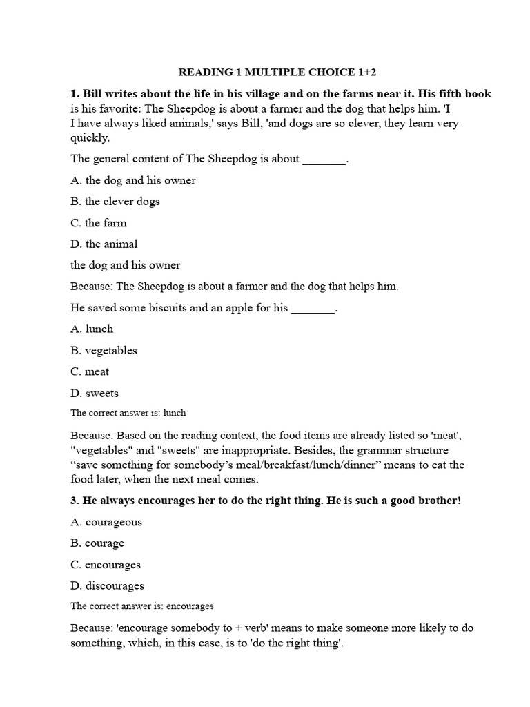 Multiple Choice Reading Comprehension Test | PDF | Lunch | Meal