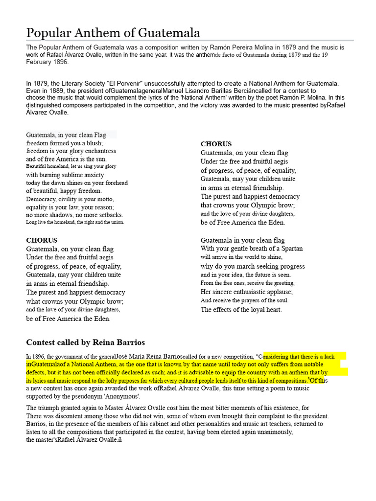 Popular Anthem of Guatemala | PDF | Guatemala