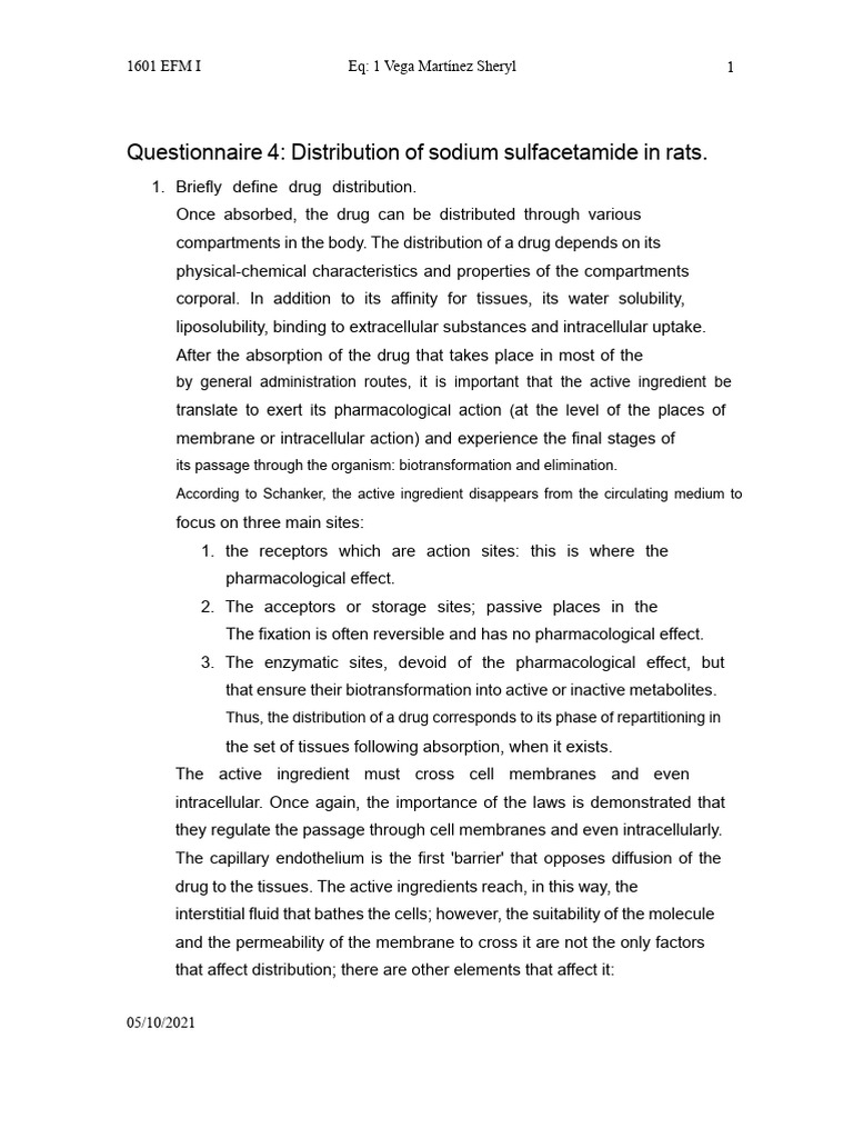 Questionnaire 4 Distribution of Sodium Sulfacetamide in Rats | PDF ...