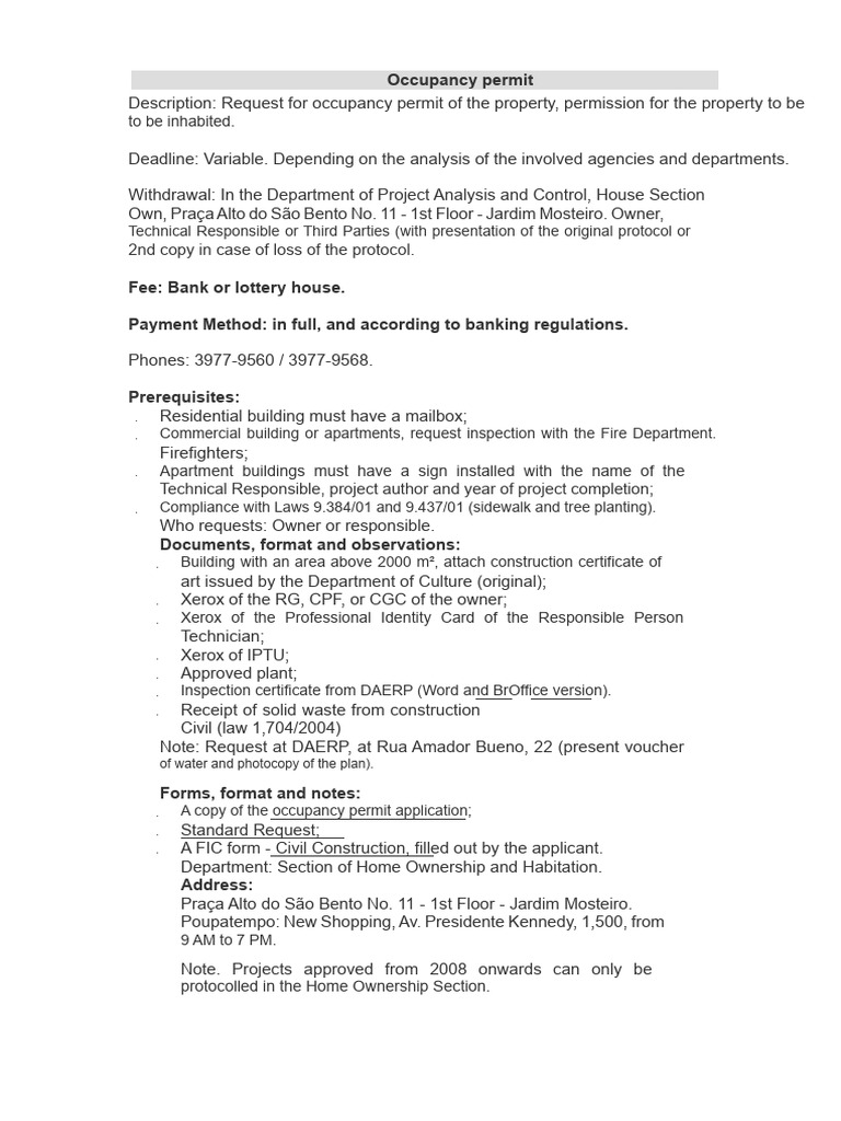 Occupancy Permit Guidelines - Ribeirão Preto | PDF