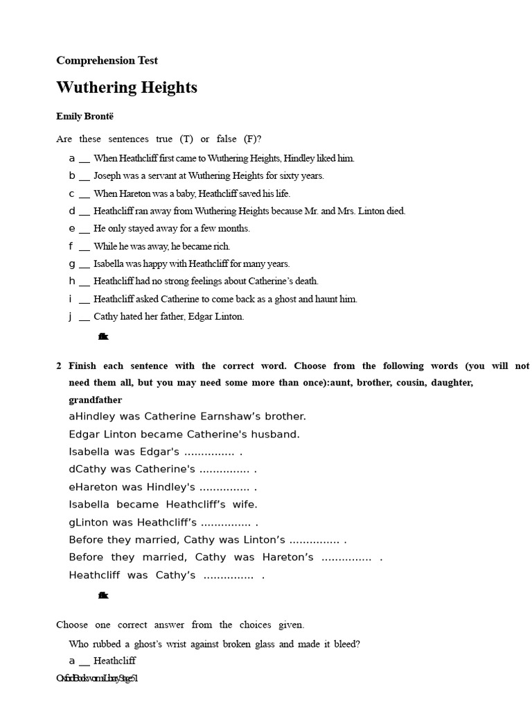 Wuthering Heights Comprehension Test | PDF | Wuthering Heights ...