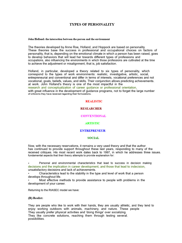 John Holland's Personality Types Explained | PDF | Psychology ...