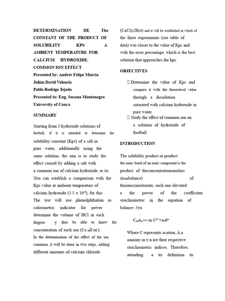 Determination of The Solubility Product Constant Kps at Room ...