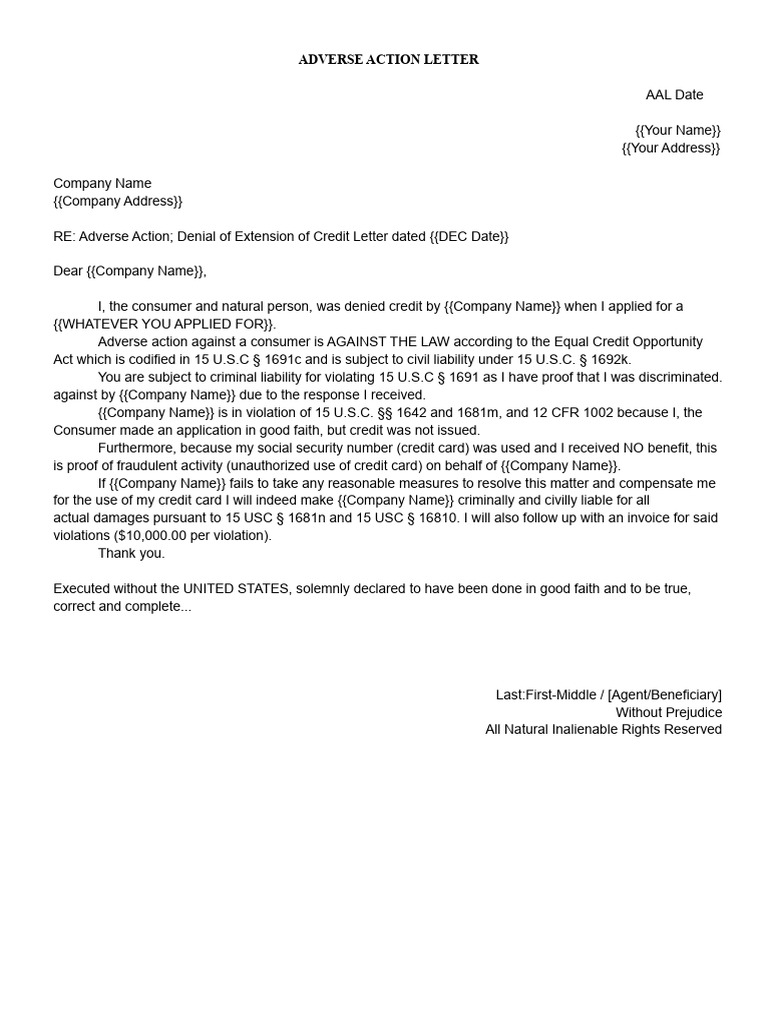 ADVERSE ACTION LETTER (Denial of Extension of Credit) | PDF