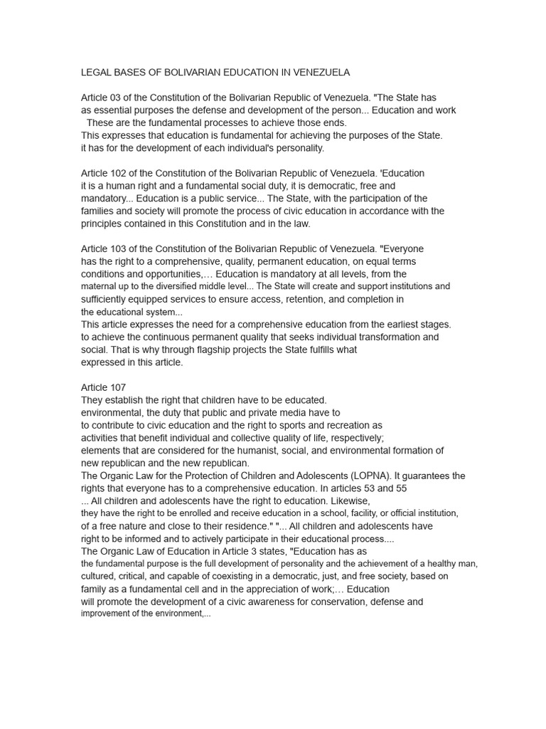 Bolivarian Education Legal Framework | PDF | Teachers | Goal
