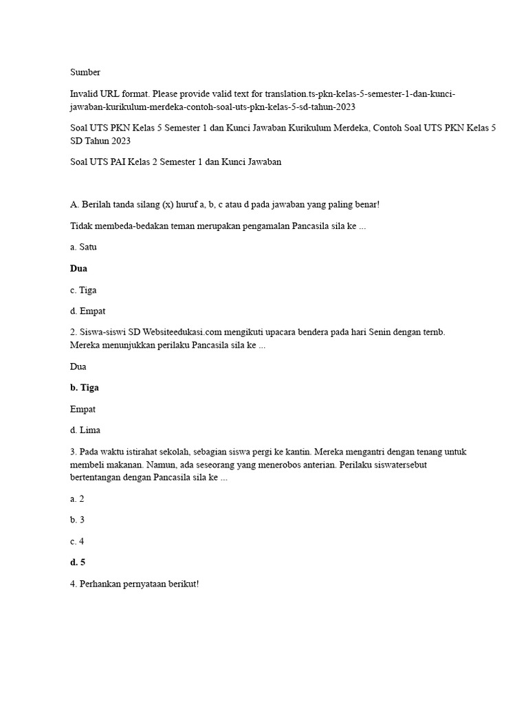 Soal UTS PKN Kelas 5 Semester 1 2023 | PDF