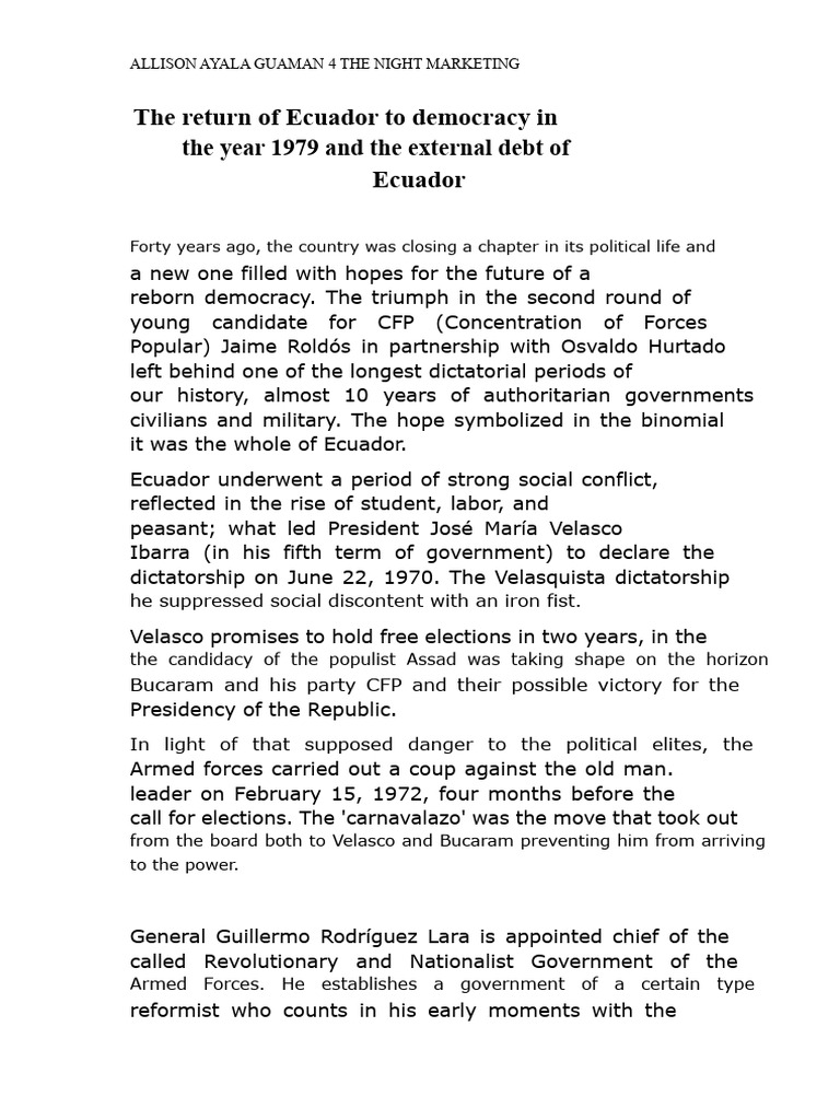 The Return of Ecuador To Democracy in 1979 and Ecuador's External Debt ...