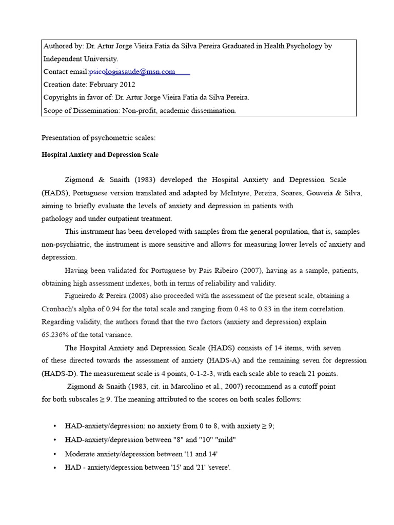 Hospital Anxiety and Depression Scale Overview | PDF | Psychometrics ...