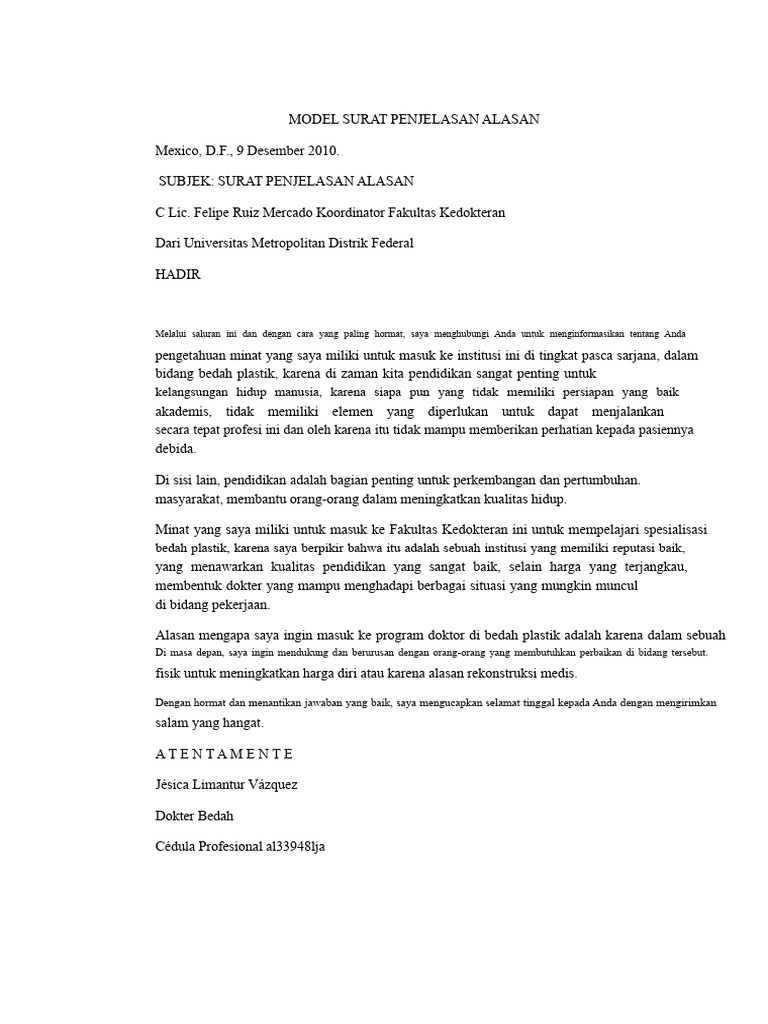 Model Surat Penjelasan Alasan | PDF