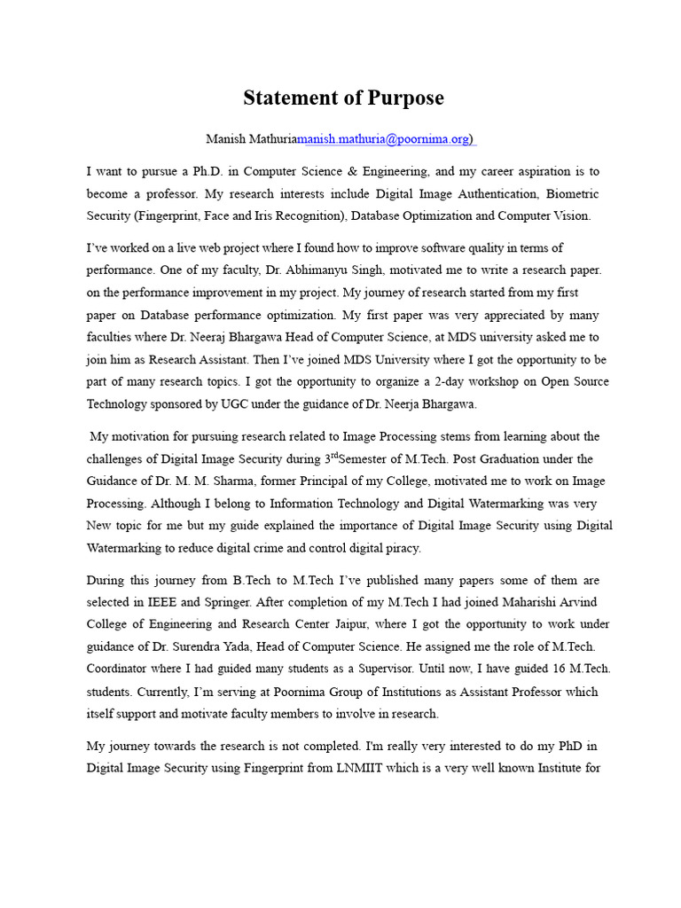 Statement of Purpose For PHD | PDF | Computing