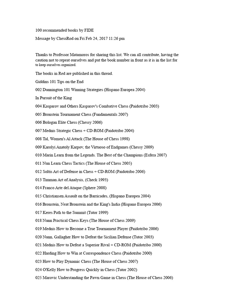 100 Books Recommended by FIDE | PDF | Chess | Chess People