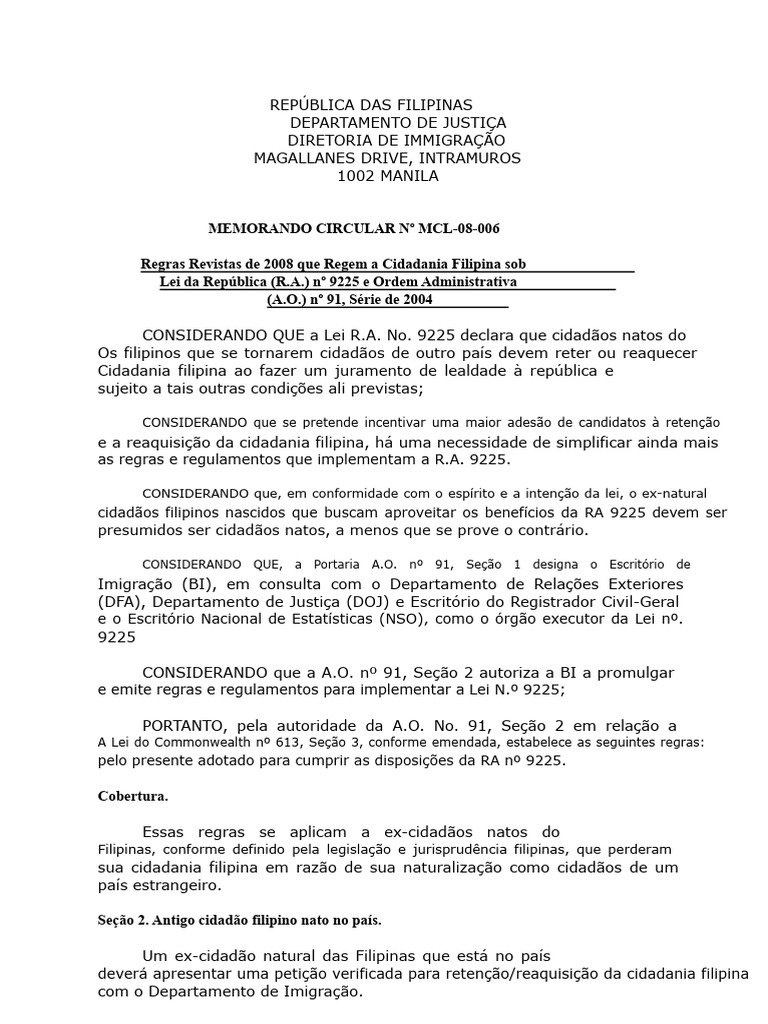 DOJ MCL 08-006-Regras Revisadas Que Regem A Cidadania Filipina Sob A ...
