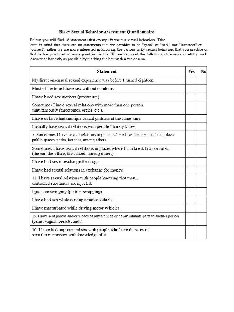 Risky Sexual Behavior Assessment Questionnaire | PDF | Human Sexual ...