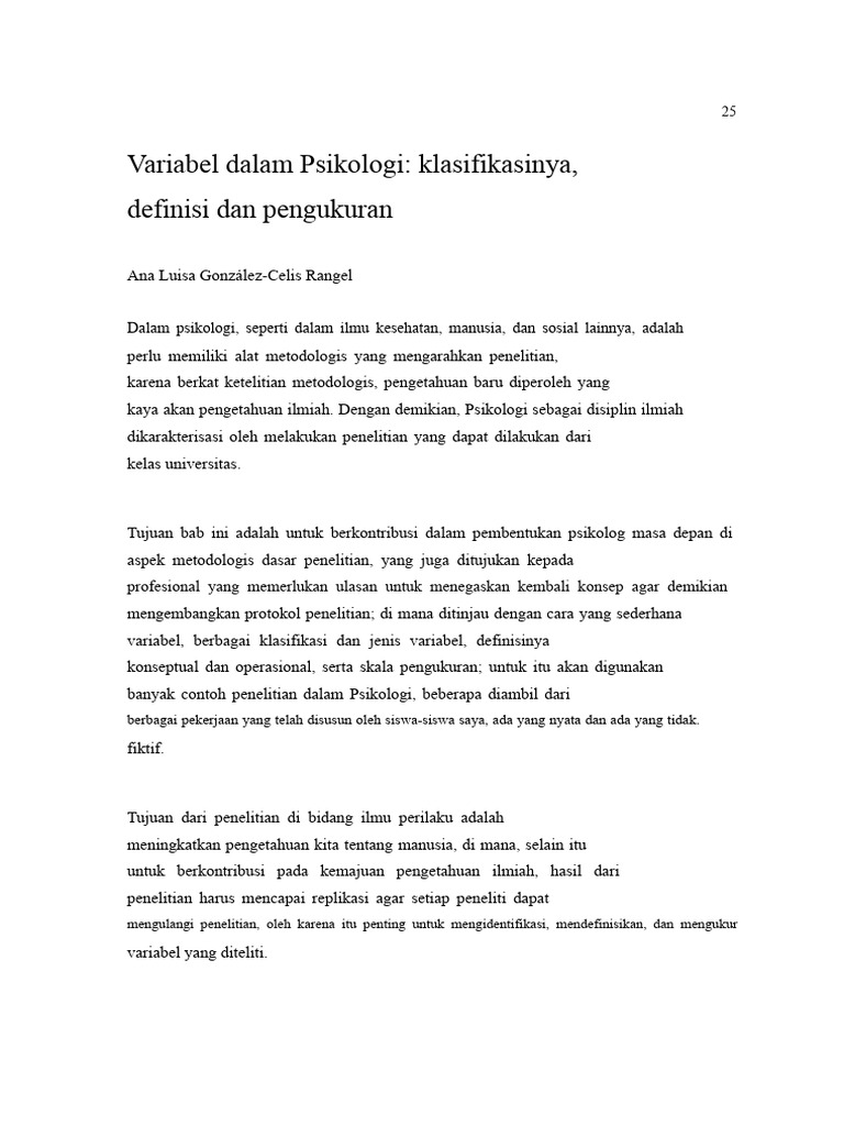 Variabel Dalam Psikologi. Klasifikasi, Definisi, Dan Pengukurannya | PDF