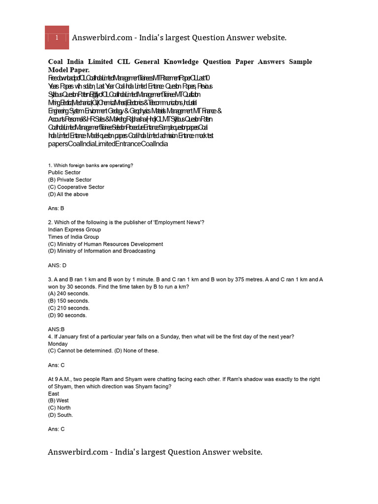 Coal India Limited CIL General Knowledge Question Paper Answers Model ...
