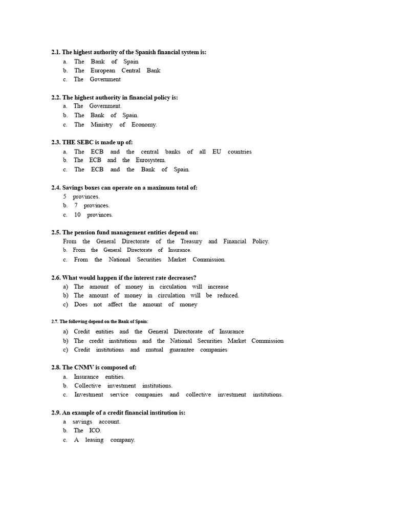 Questionnaire Topic 2 - Structure of The Spanish Financial System | PDF ...