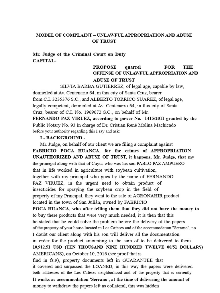 Complaint - Misappropriation and Breach of Trust | PDF | Justice ...
