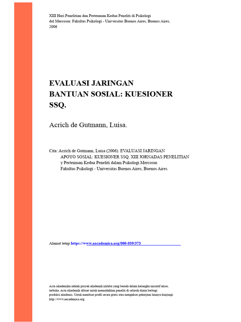 Evaluasi Jaringan Dukungan Sosial Kuesioner SSQ | PDF