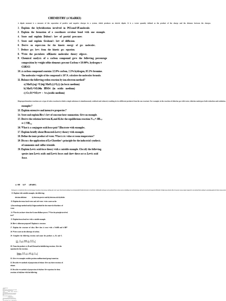 Inter First Year Chemistry 4 Marks and 8 Marks Important Questions ...