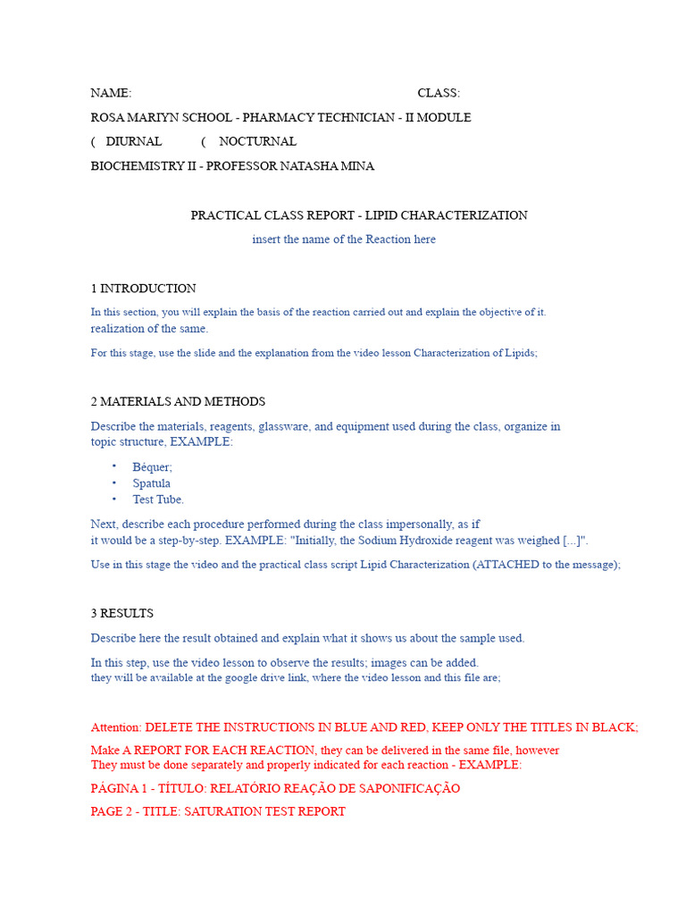 Practical Class Report Template - Biochemistry | PDF
