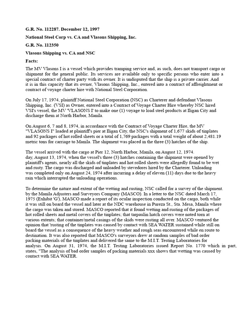 National Steel Corp Vs CA (Digest) | PDF | Shipping | Water Transport