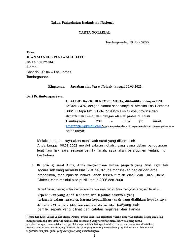 Pembelaan Hak Kepemilikan Tanah 3,94 Ha | PDF