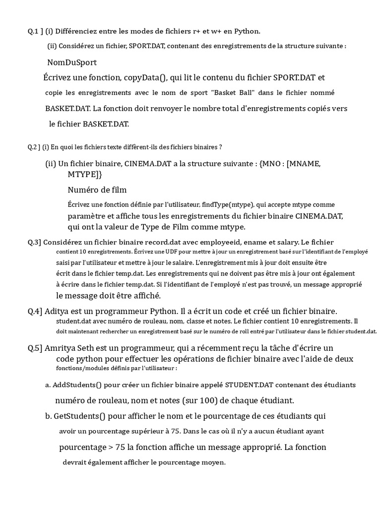 Feuille de Travail de Fichier Binaire | PDF | Fichier informatique | Python (Langage de ...