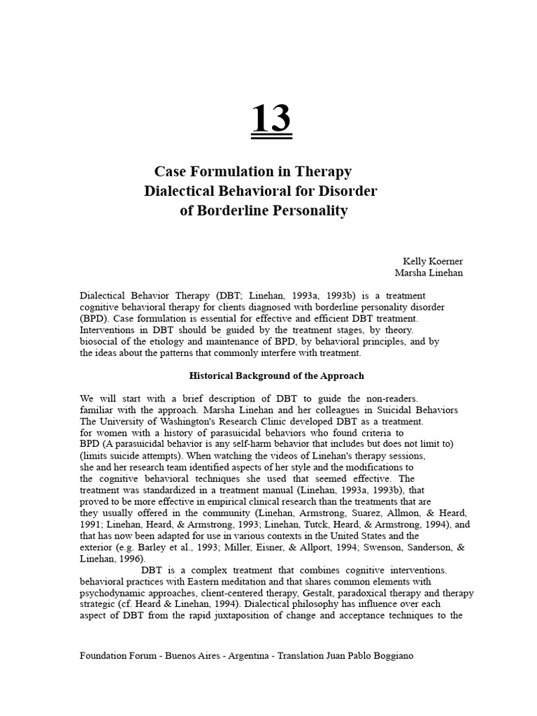 13 Formulation of Case in DBT Final | PDF | Dialectical Behavior Therapy | Borderline ...