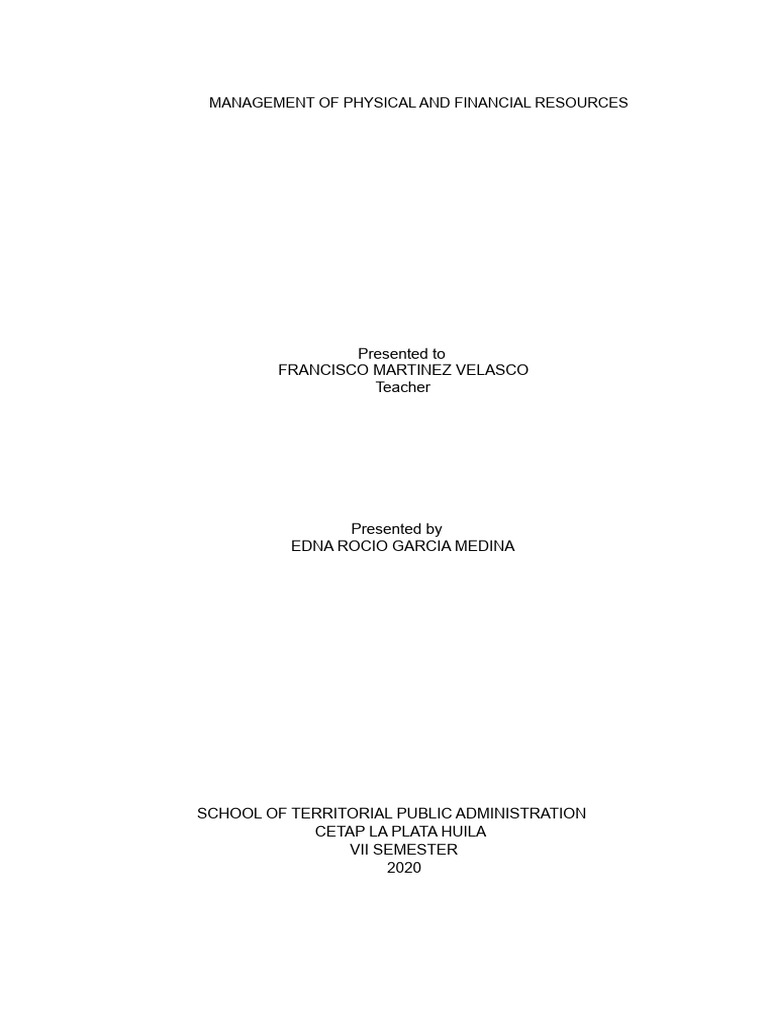 WORKSHOP No 1 MANAGEMENT OF PHYSICAL AND FINANCIAL RESOURCES | PDF ...