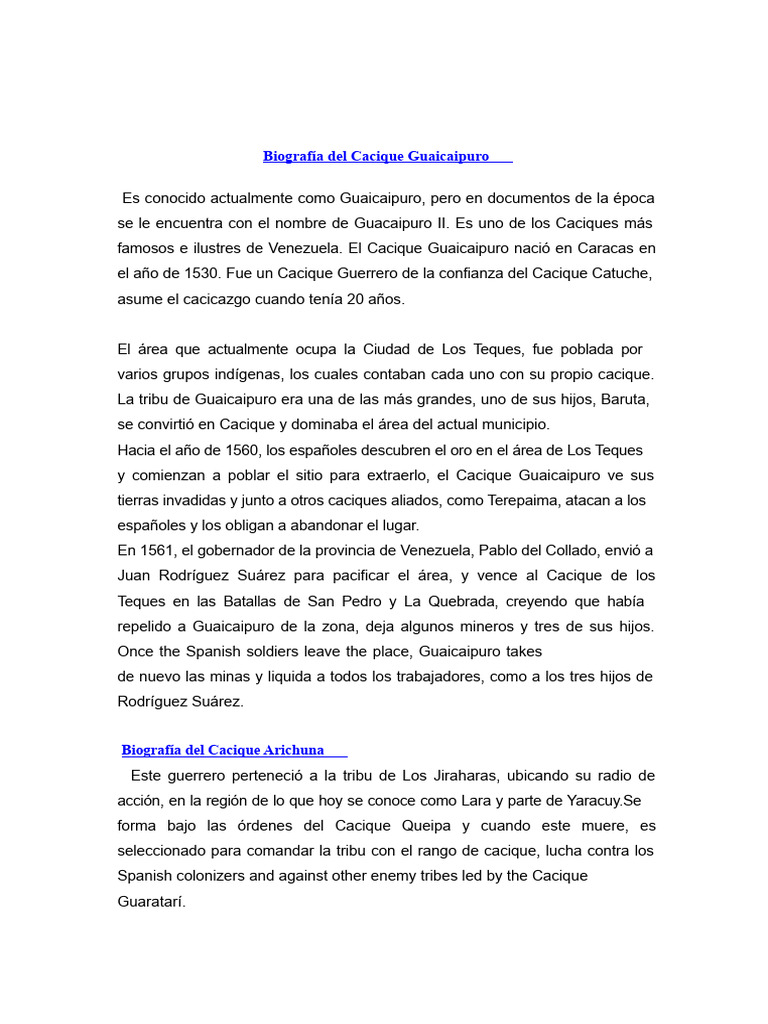 Biografía Del Cacique Guaicaipuro | PDF | Pueblos Indígenas de las ...