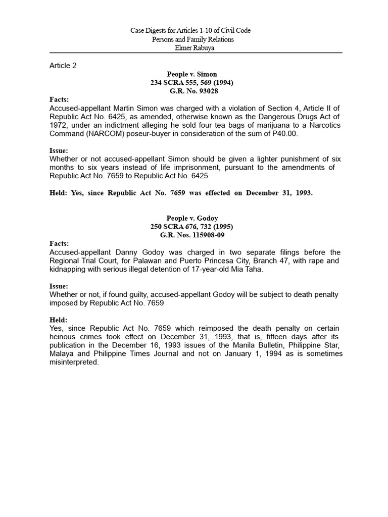 Case Digests: Civil Code Articles 1-10 | PDF | Statutory Interpretation ...