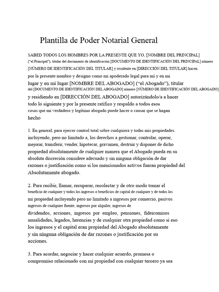 Plantilla de Poder Notarial General | PDF | Propiedad | Compartir ...