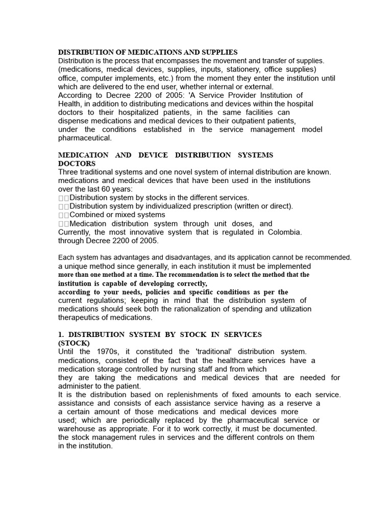 Medication and Supply Distribution Systems | PDF | Pharmacy | Medical ...